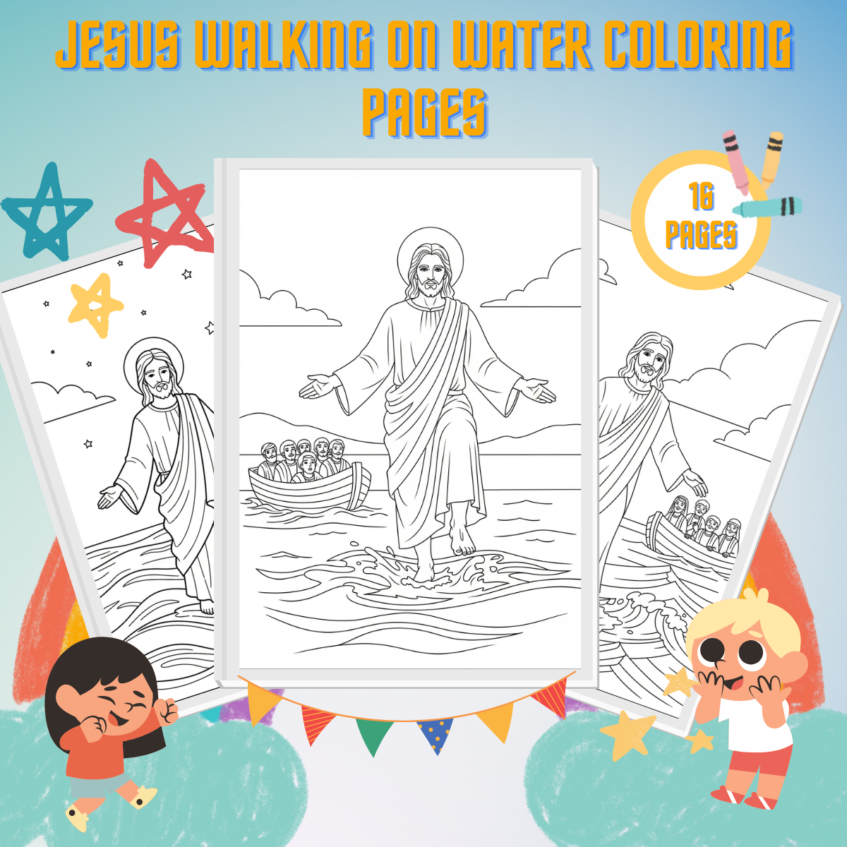 16 desene cu Isus mergând pe apă de colorat - Imprimabile gratuite